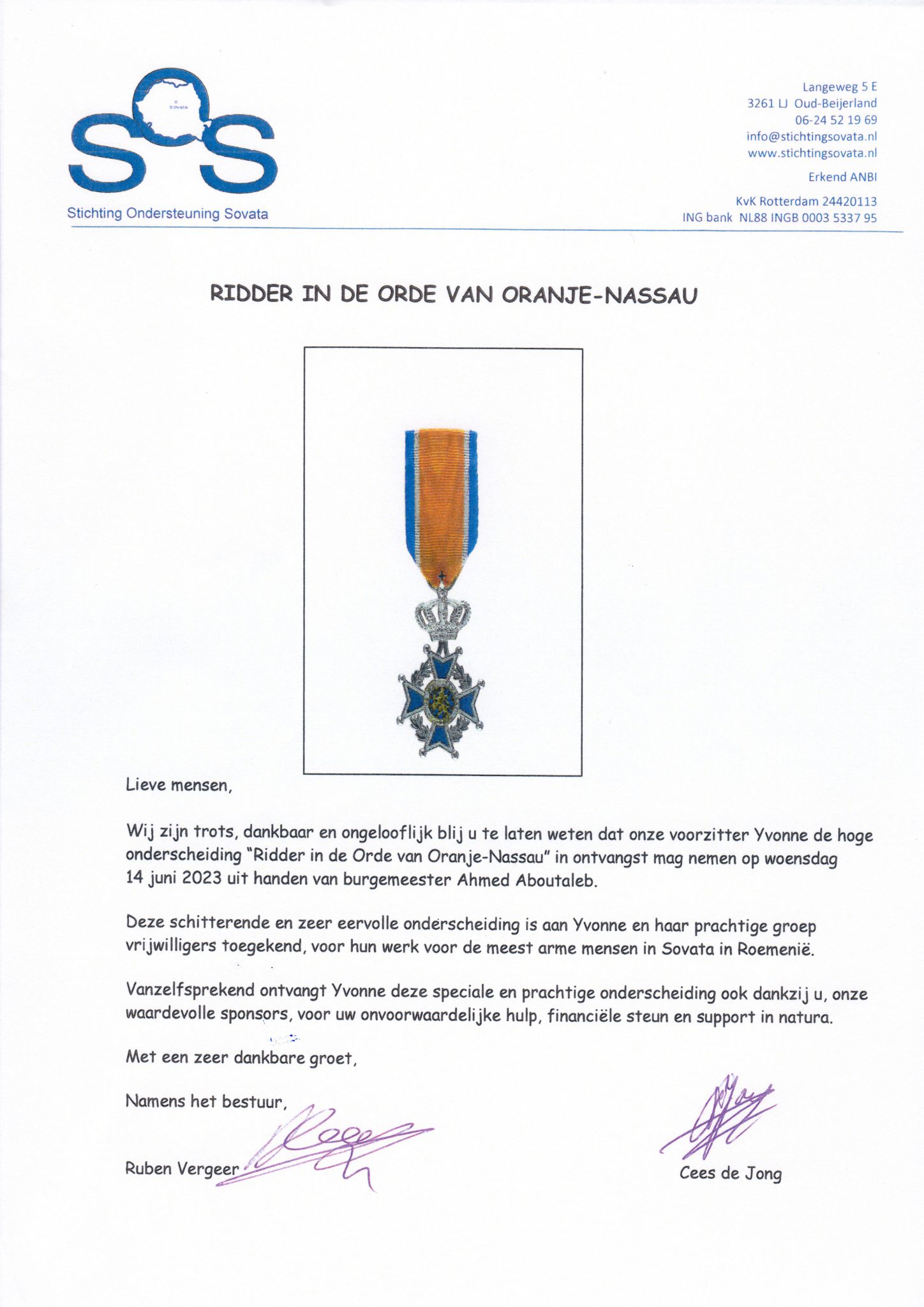 Ridder in de orde van Oranje-nassau – Stichting Ondersteuning Sovata